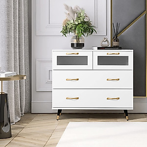 YIGOBUY Small White Dresser, Modern Dresser for Bedroom, 4 Drawer Double Dresser with Wide Drawer and Metal Handles, Wood Dressers & Chests of Drawers for Hallway, Entryway.