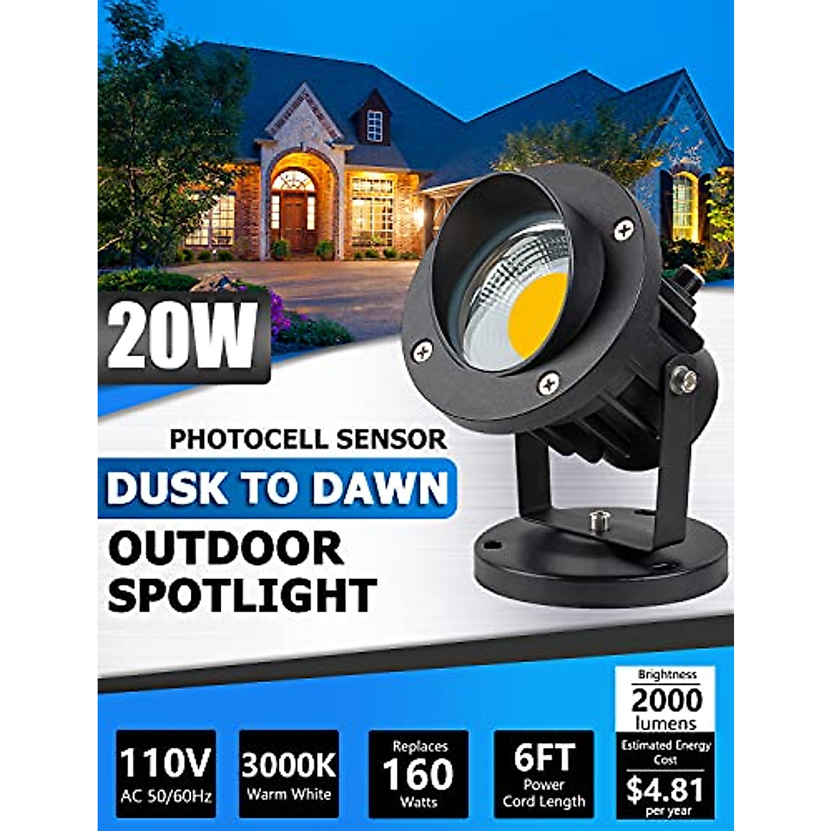 SUNVIE 20W Outdoor LED Spotlight with Photocell Sensor 120V Waterproof Dusk to Dawn Landscape Lighting 3000K Warm White Spot Lights Outdoor for Yard Flag Tree Garden Decor 6 FT Cord with US 3-Plug in