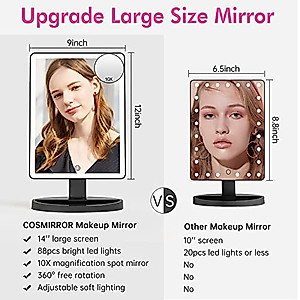 COSMIRROR Large Lighted Makeup Mirror, 14.5in x 9in, 88 LED Lights, 10X Magnification, Touch Sensor Dimming, 360 Rotation Tabletop Personal Beauty Light Up Mirror