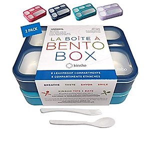 Bento-Box Lunch Boxes for Kids, Boys, Adults. Leakproof Lunch Set, Bentoboxes for School or Work. Portion Containers. BPA Free. 6 Compartments. Fork & Spoon. Blue & Navy Blue Large