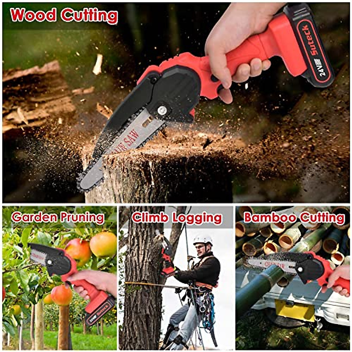 Suteck Mini Chainsaw Cordless, 6 Inch 4 Inch 2-in-1 Handheld Chainsaw Battery Powered with 2 Pcs 24V 2000mAh Rechargeable Battery Electric Pruning Saw for Garden Yard Tree Trimming Branch Wood Cutting