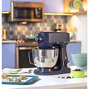 GE Tilt-Head Electric Stand Mixer | 7-Speed, 350-Watt Motor | Includes 5.3-Quart Bowl, Flat Beater, Dough Hook, Wire Whisk & Pouring Shield | Countertop Kitchen Essentials | Sapphire Blue