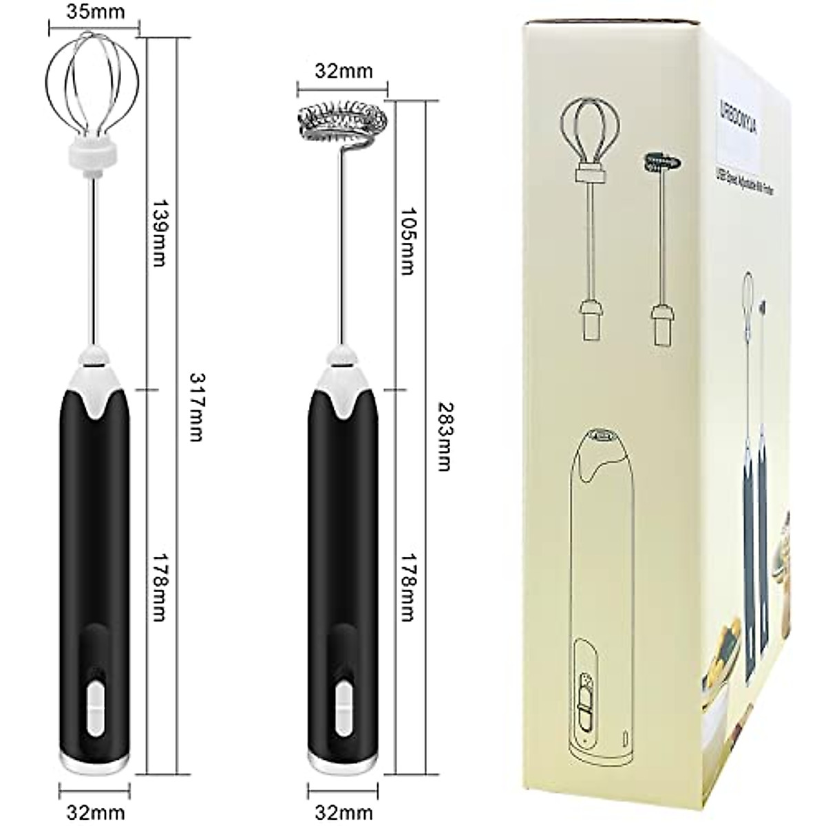 Milk Frother rechargeable drink mixer handheld egg whisk 3-Speed Adjustable with 2 stainless steel heads Foam Maker suitable for your coffee, tea, latte, hot chocolate(black)