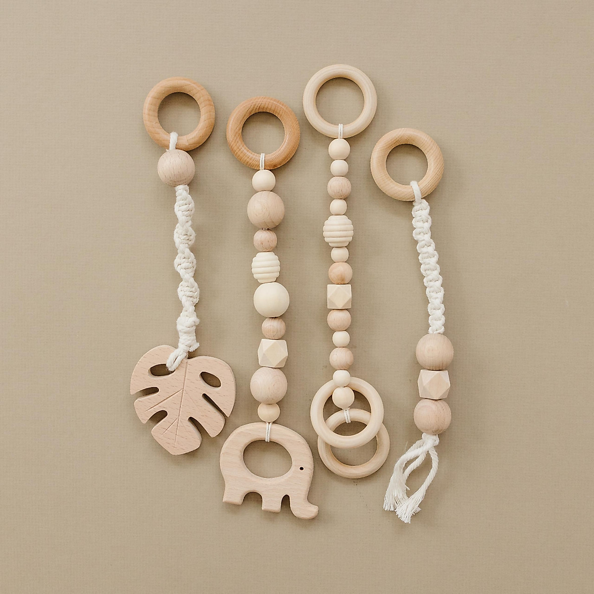 Poppyseed Play Wooden Baby Play Gym, Foldable Frame w/Hanging Bar, Tied Cotton Cord & Wooden Toys, Gender Neutral Baby Activity Set, Easy to Assemble (White Wood, Macrame Toys)