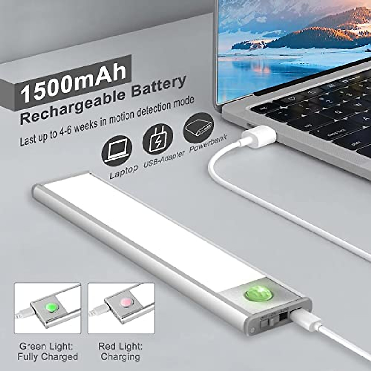 EVERDOSS Under Cabinet Lights Wireless, Under Counter Lights for Kitchen,2 Packs 30 LEDs 6000K 7.8ins Cabinet Lights Motion Sensor,1500 Mah Motion Sensor Under Cabinet Light with Magnet Sticks