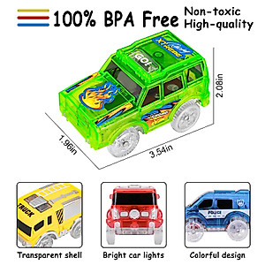 Tracks Cars Replacement Only - Light Up Magic Cars for Tracks Compatible with Glow in The Dark Toy Cars with 5 LED Flashing Lights for Most Race Tracks Only Toy Cars Track Car Accessories (4 Pack)