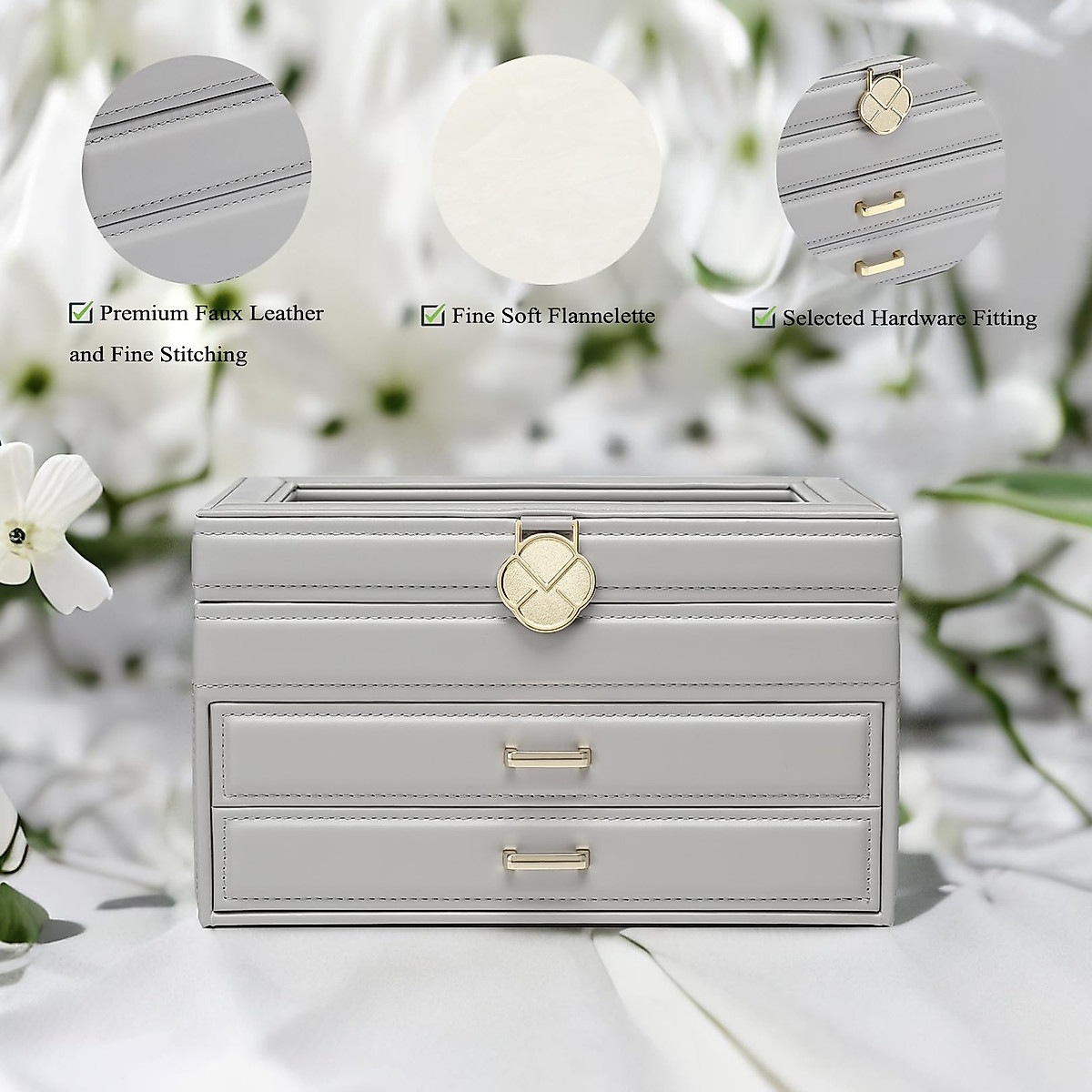 Vlando Jewelry Box Organizer, Leather Jewelry Display Case, 2 Jewelry Tray Drawer Storage for Necklaces, Earrings and Rings, Grey