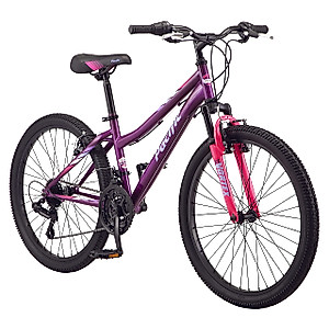 Pacific Cavern Mountain Bike for Youth, Boys and Girls, 21-Speed Twist Shifter, 24-Inch Wheels, 14-Inch Steel Frame, Front Suspension, Kickstand Included, Purple