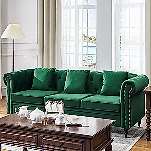 kinmars Chesterfield Sofa Velvet,3 Seater Couch Furniture,Couches for Living Room with Deep Button Tufting,Large Sofa with Rolled Arms (Green)