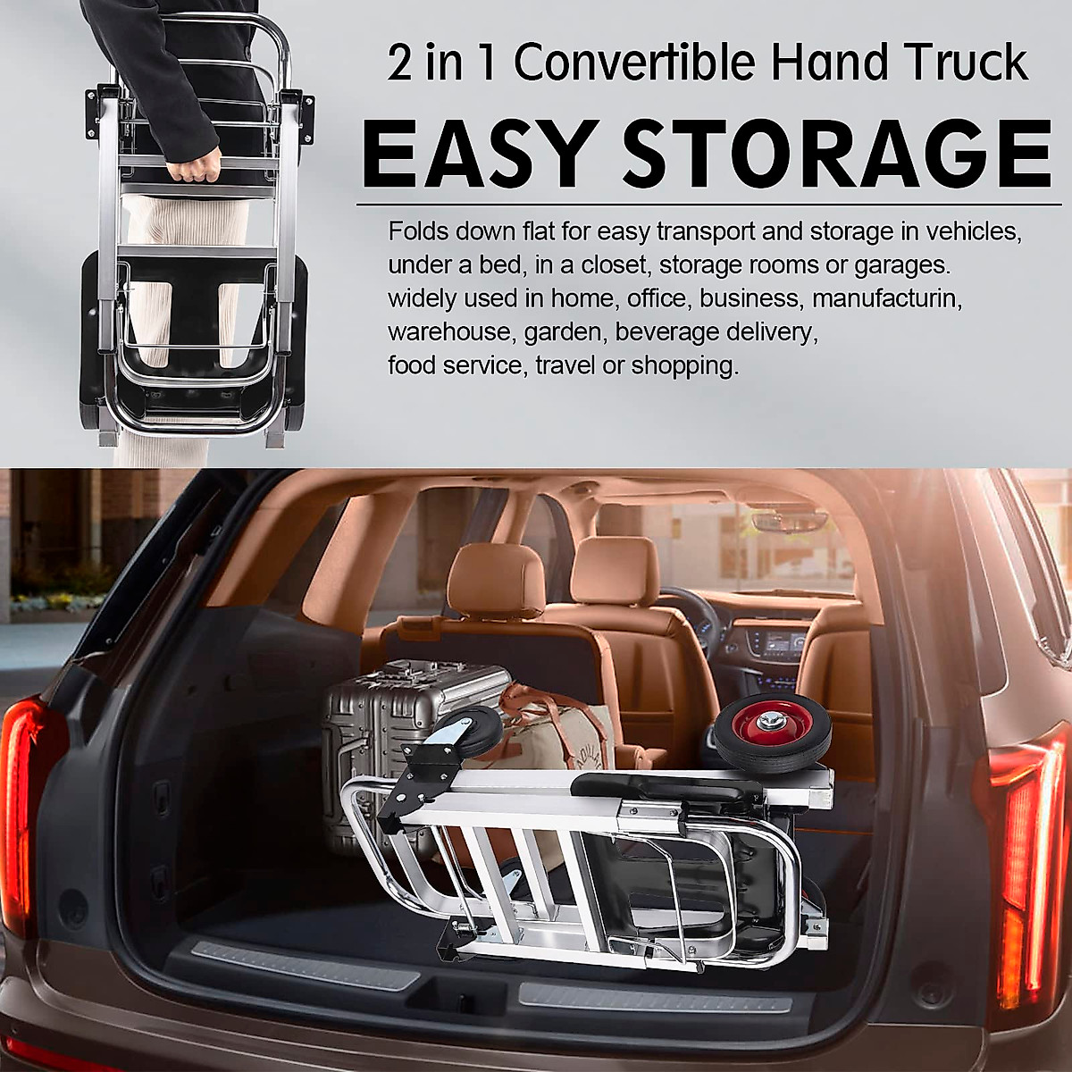 Folding Hand Truck Dolly Heavy Duty Aluminum Hand Truck with Wheels Collapsible 2 in 1 Convertible Hand Truck - 330 lbs Load Capacity, Multi-Position Hand Truck Dolly Cart with Telescoping Handle