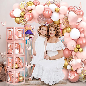 Rose Gold Baby Shower Decorations for Girl - Rose Gold Retro Blush Pink Balloon Arch Garland Kit with Baby Balloon Boxes,Butterfly Stickers for Baby Shower Backdrop Decor, Girl Birthday