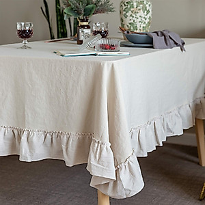 Glory Season Retro Farmhouse Ruffle Tablecloth Cotton Flounces Trim Washable Table Cover Tablecloths for Rectangle Table Baby Shower Kitchen Party Wedding Decor Off-White, 60''x120''
