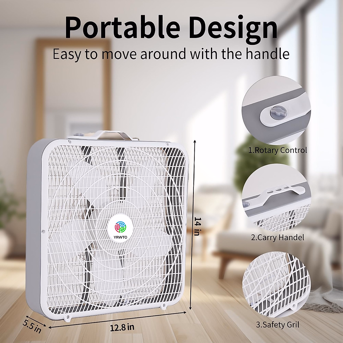 YRWTO 20 Inch Box Fan, Three Speeds Window Table Cooling Fan, Strong Wind, Quiet Operation Work Fan for Home, Bedroom, Office, and Outdoor Travel Box Fan for Full-Force Air Circulation