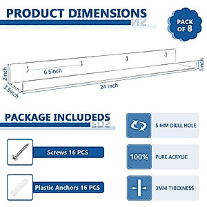 8 Pcs Acrylic Floating Shelves 24 Inch Clear Bathroom Storage Shelves Wall Mounted Book Display Shelves Invisible Floating Wall Ledge Shelf Transparent Spice Rack for Bedroom Office Toy Picture Ledge
