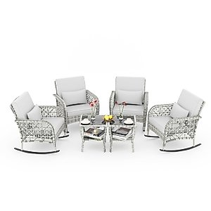 BALDPER 6-Piece Gray Wicker Patio Rocking Chairs Set, Rocking Wicker Bistro Set, Outdoor Furniture Conversation Set with Porch Chairs and Glass Coffee Table, Cloudy Grey