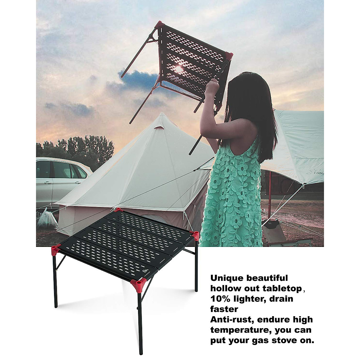 iClimb Extendable Folding Table Large Tabletop Area Ultralight Compact with Hollow Out Tabletop for Camping Backpacking Beach Concert BBQ Party, Three Size (Black - S + Hanger)