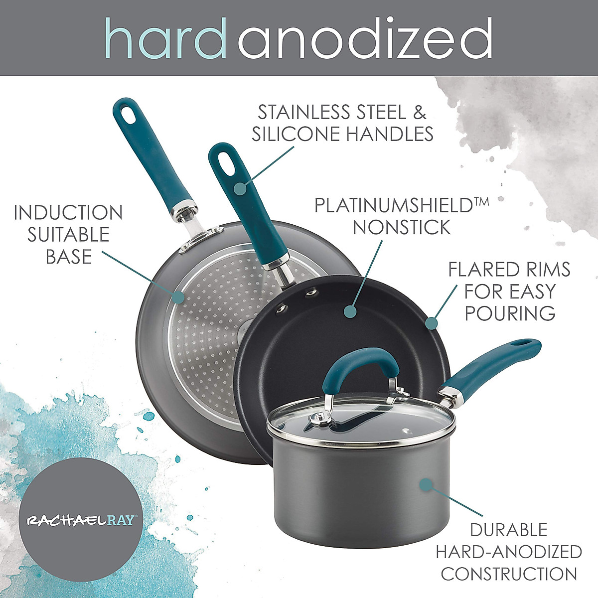 Rachael Ray Create Delicious Hard Anodized Nonstick Cookware Pots and Pans Set, 11 Piece, Gray with Teal Handles