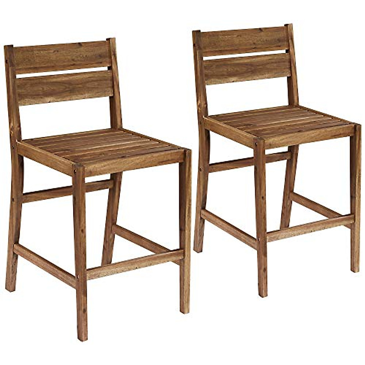 Teal Island Designs Nova Natural Acacia Wood Outdoor Bar Stools Set of 2 Brown 24" High Farmhouse Rustic Plank Seat with Ladder Backrest Footrest for Kitchen Counter Island Patio Garden Balcony