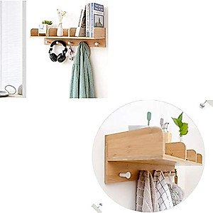 PIBM Stylish Simplicity Shelf Wall Mounted Floating Rack Wooden Solid Wood Shelves Storage Books Living Room 5 Hooks,63X15.1X20Cm,2 Colors Avaliable, Wood Color