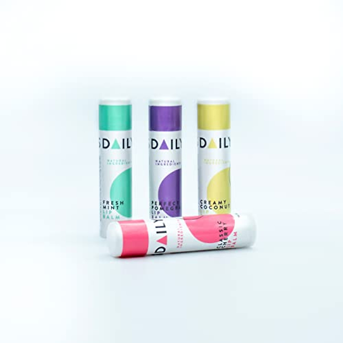 Assorted Natural Lip Balm Pack with Cocoa Butter and Coconut Oil by DAILY GOODS, Includes Pomegranate, Coconut, Cherry, and Spearmint Flavors, Enriched with Vitamin E - Pack of 8, 0.15 oz Tubes