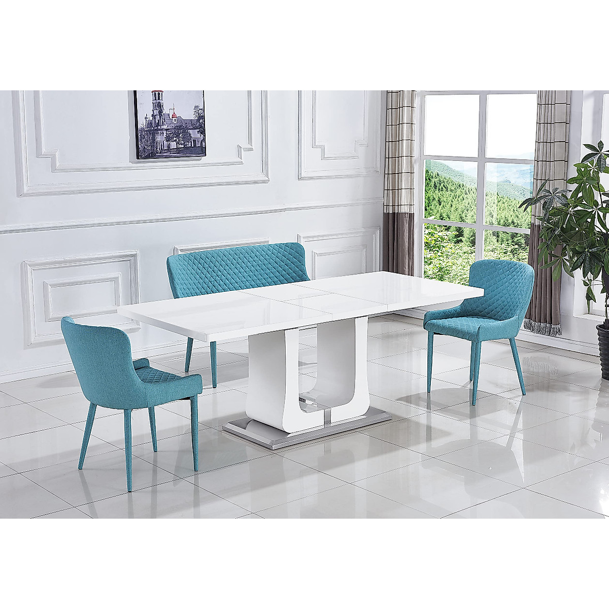 63"/78.7" Extendable Dining Table with Butterfly Leaf, High Gloss Lacquer Coating and Pedestal Base in White/Chrome