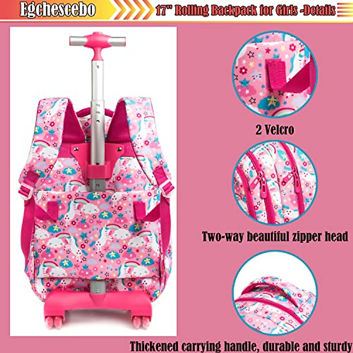 Egchescebo Girls Rolling Backpacks with Wheels 3PCS Unicorn Backpack Set for School Wheeled Luggage Suitcase Lunch Box Pencil Case Large Capacity Bookbag Adjustable Trolley for Elementary Travel Red