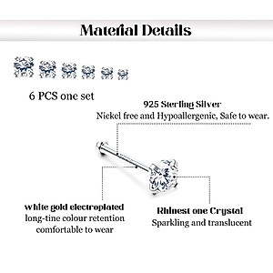 Sllaiss 6 Pcs 20G Nose Ring Studs 925 Sterling Silver Nose Piercings Set for Women 1.5mm 1.8mm 2mm 2.5mm 2.8mm 3mm Body Jewelry