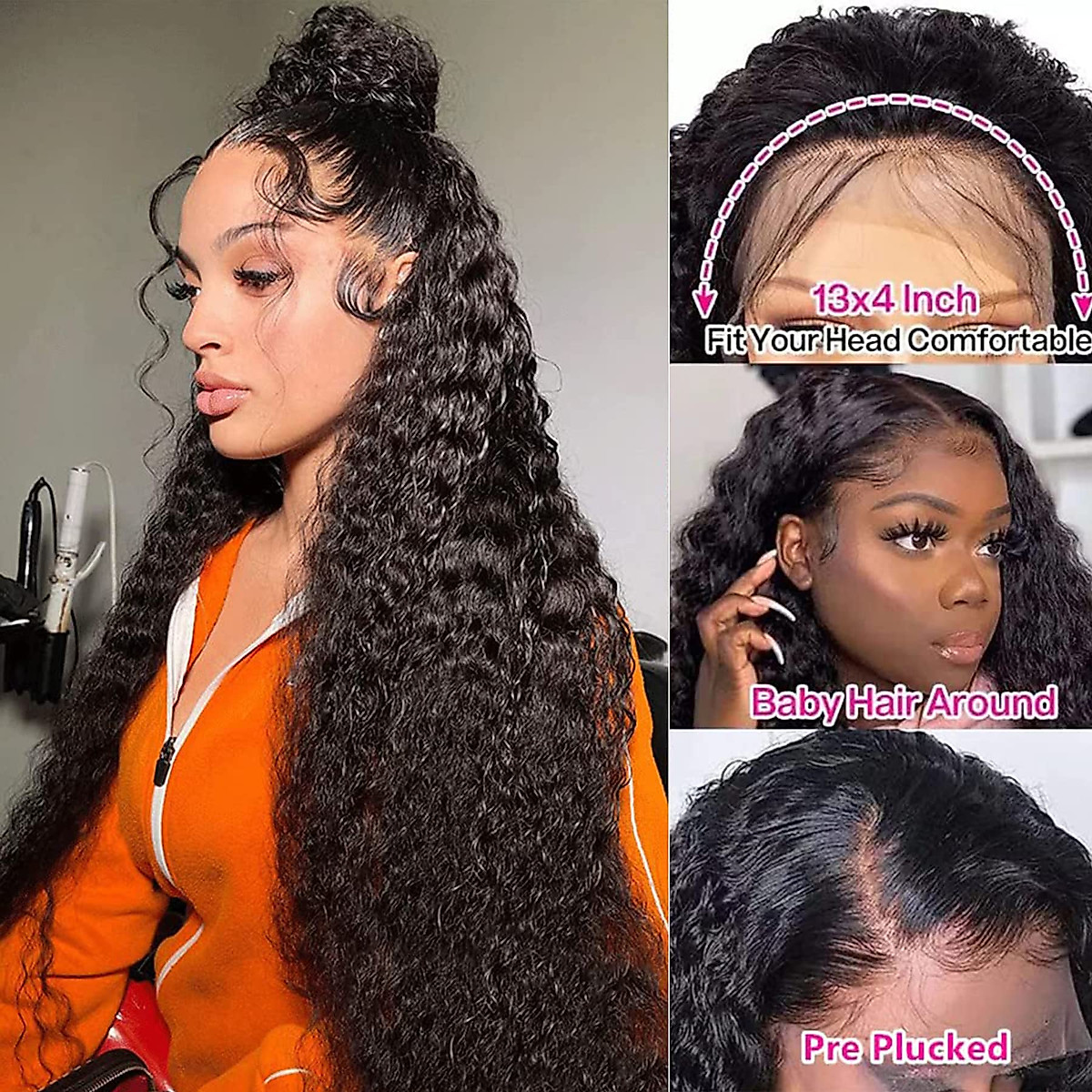 HD Lace Front Wig Human Hair Deep Wave Wigs For Black Women 180% Density 13x4 Water Curly Lace Frontal Wigs Glueless Human Hair Pre plucked with Baby Hair Brazilian Wet n Wavy Lace Closure Wig 28inch