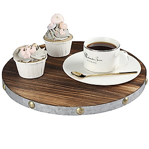 MyGift Round Rotating Serving Tray, Rustic Burnt Solid Wood and Galvanized Metal Lazy Susan Turntable with Brass Tone Studs