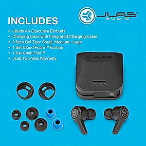JLab Audio JBuds Air Executive True Wireless Bluetooth Earbuds + Charging Case - Black - C3 Calling with Dual Microphones - Long Playtime - Bluetooth 5.0 Connection - 3 EQ Settings (Renewed)