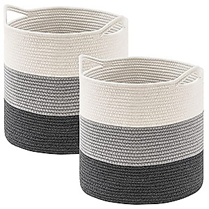 YOUDENOVA Cotton Rope Cube Storage Baskets, 13x13 Round Woven Baskets for Storage with Handles 2 Pack, Modern Decorative Storage Bins Décor Baskets for 13 inch Cube Storage Shelves, Mix Grey