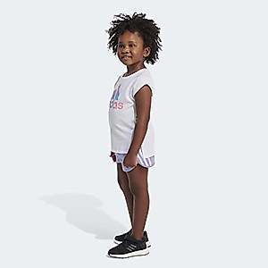 adidas Girls 2 Piece Graphic Tee & Mesh Short Set, White With Purple, 2T