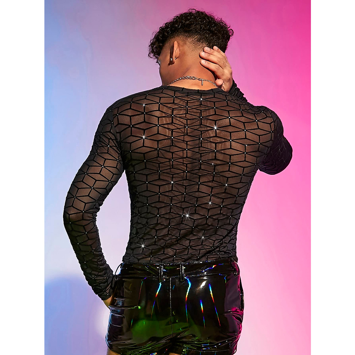 COZYEASE Men's Geo Print Rhinestone Tee Top Long Sleeve Slim Fit Flocking T Shirt Black L