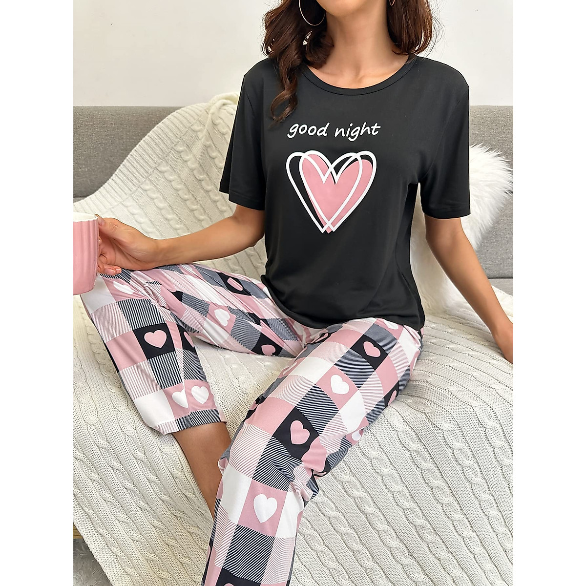 SOLY HUX Women's Heart Letter Print Short Sleeve T Shirt and Plaid Pants 2 Piece Summer Pajama Set Black Heart L