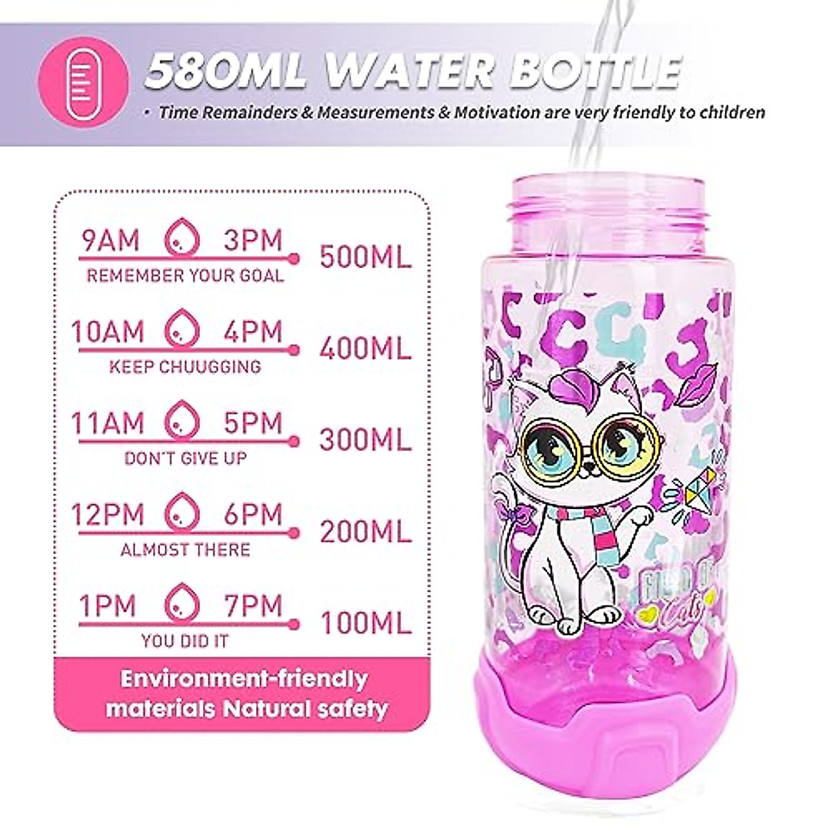YOYTOO Kids Water Bottle for School Kids Girls, 20oz BPA Free Child Drinking Water Bottle One-Click-Open Leak-Proof Locking Flip Lid for School Sport Travel (Cat-20oz)