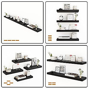 Fixwal Floating Shelves, Set of 4 Black Wood Shelves, Wall Mounted Shelf for Brick Wall, Bedroom, Living Room, Bathroom and Plants