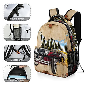 MEIKKO Vintage Car Breaking Wall Backpack Large computer Bags with Chest Strap,Lightweight Casual Daypack for Women Men Hiking Travel Work and Business 16 Inch