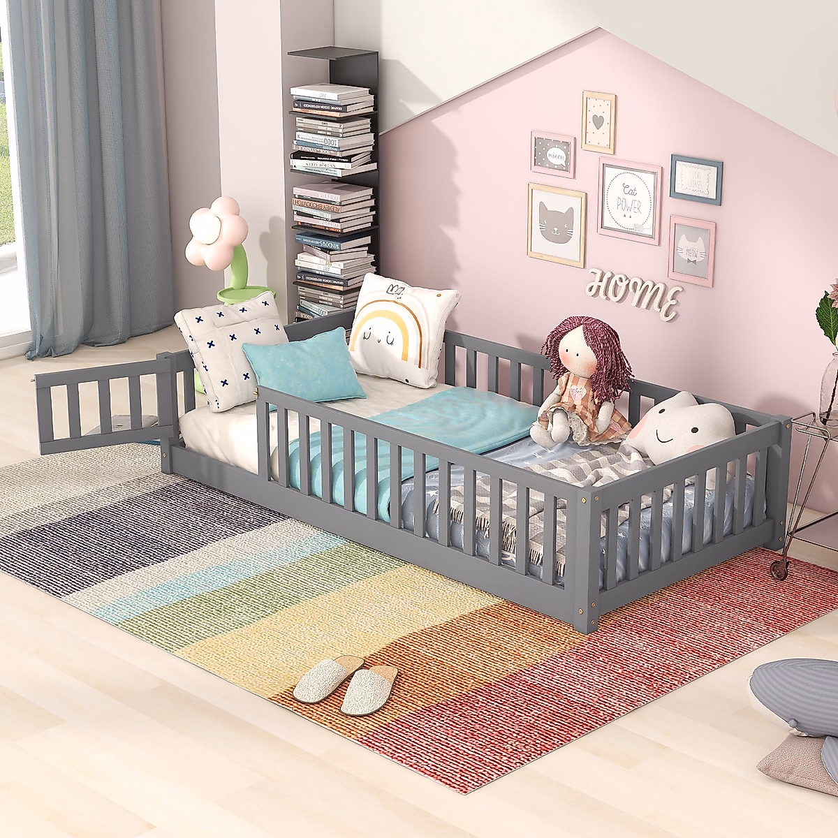 CITYLIGHT Twin Size Floor Bed with Rails and Door, Wood Montessori Floor Bed Twin Size with Support Slats, Kids Twin Bed Frame for Boys,Girls, Grey