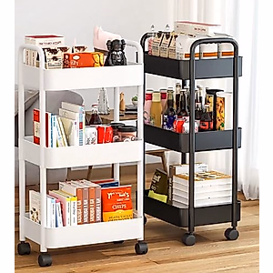 3-Tier Plastic Rolling Utility Cart Storage Cart Organizer with Wheels Small Laundry Room Cart for Dorm Organization Bathroom Kitchen Office (White)