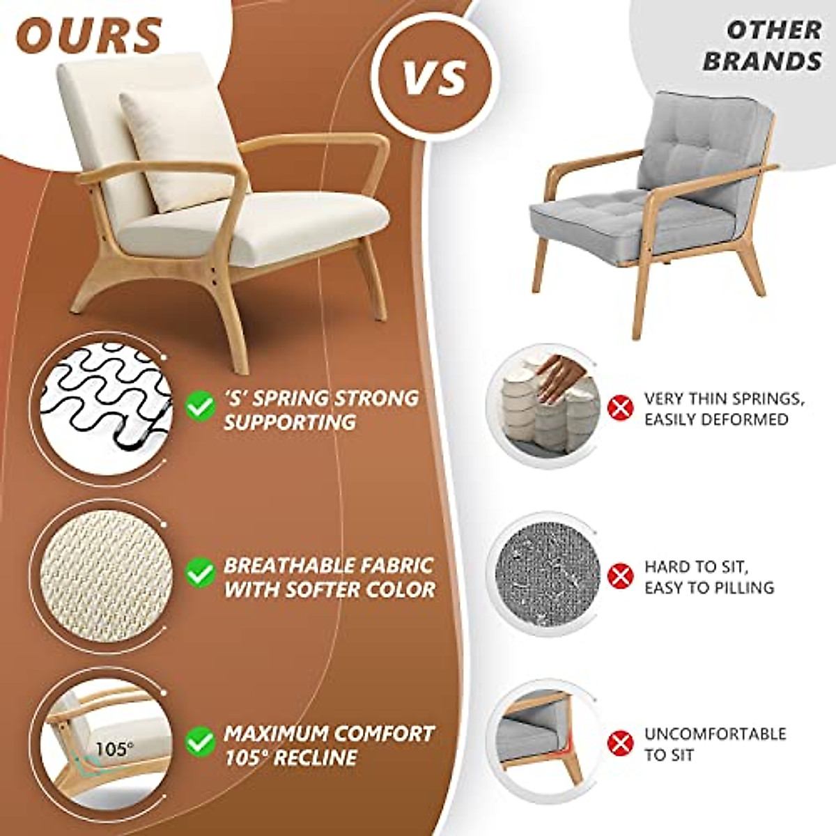 ELUCHANG Accent Chair with Lumbar Pillow,Mid-Century Modern Armchair, Linen Fabric Comfy Reading, Lounge Side Chair for Living Room Bedroom Apartment,Easy Assembly(Beige)