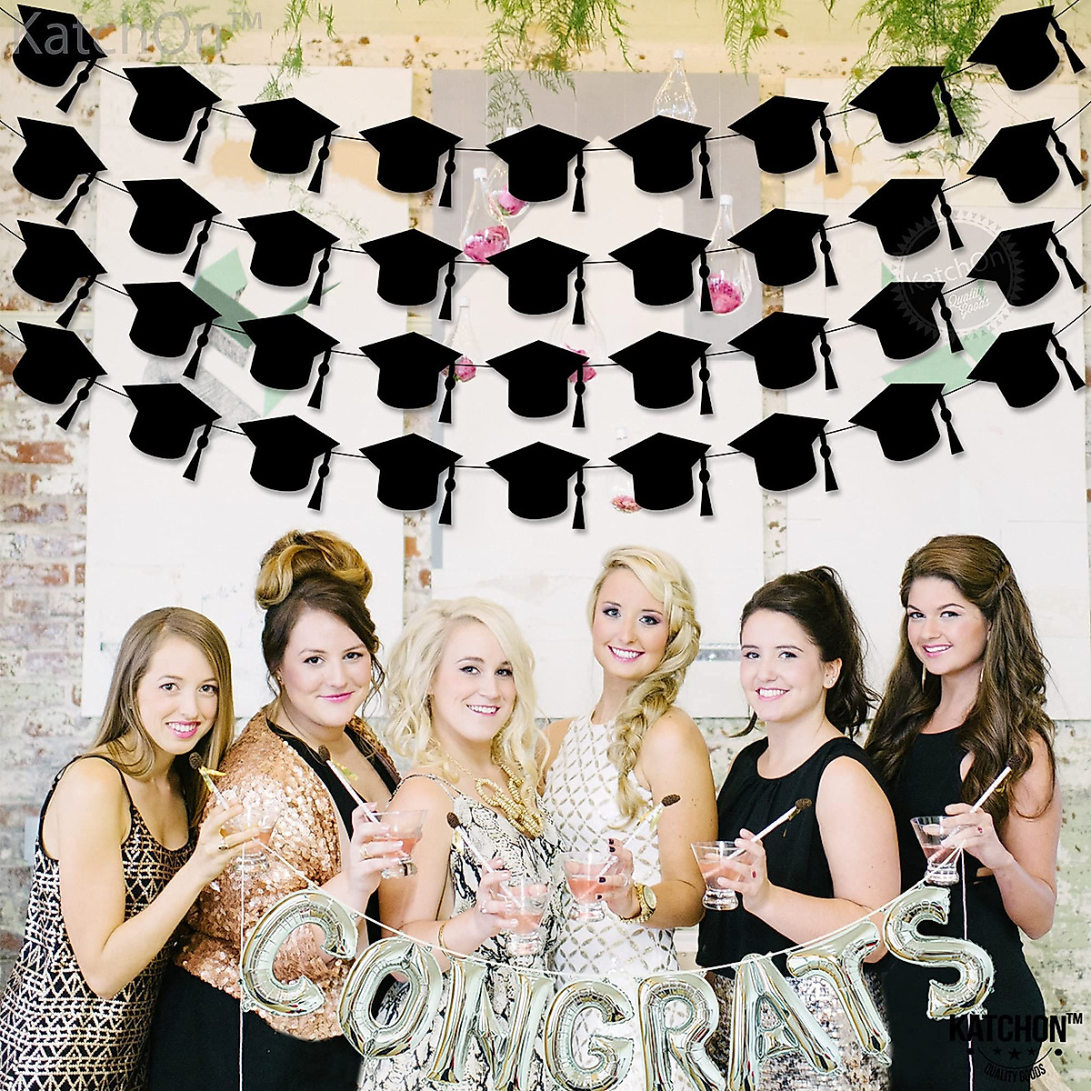 Felt, Black Graduation Cap Garland - 4 Strings, No DIY | Graduation Garland, Graduation 2023 Decorations | Graduation Banner for Black Graduation Party Decorations 2023 | Graduation Cap Decorations