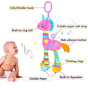 KAKIBLIN Baby Car Seat Toy, Baby Stroller Toys, Soft Hanging Rattle Baby Toy Teething Stuffed Toy, Animal Plush Wind Chime with Teether and C-Clip Ring for Infant(Pink)