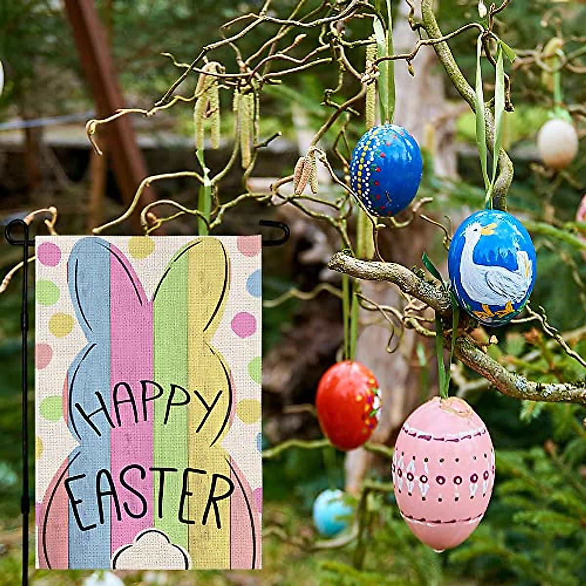 CROWNED BEAUTY Happy Easter Bunny Garden Flag 12×18 Inch Double Sided Rabbit Tail Outside Vertical Holiday Yard Flag