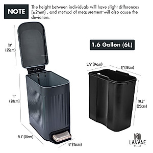 La Vane 6 Liter / 1.6 Gallon Slim Bathroom Trash Can with Lid Soft Close, Stainless Steel Small Grey Garbage Can with Removable Inner Bucket & Step Pedal for Toilet Kitchen Laundry Bedroom Hotel