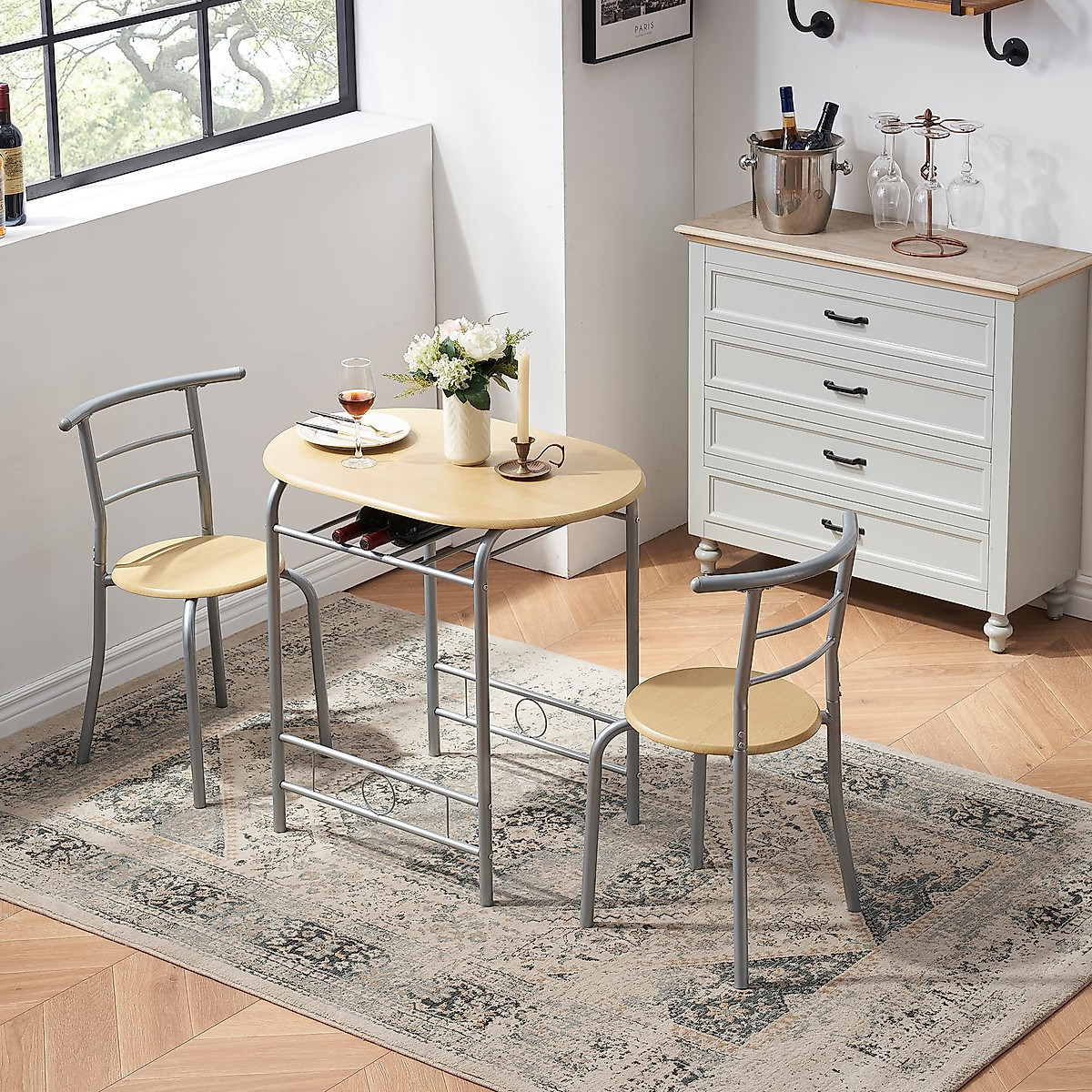 VECELO 3-Piece Bar Table Set, Round Tabletop & Chair for Kitchen Dining Room Breakfast, Built-in Wine Rack, Space Saving, 31.5" Length X 21" Width, Silver and Natural