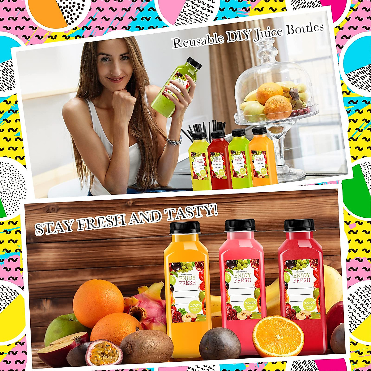 Skylety 200 Pcs Plastic Juice Bottles with Lids, Empty Clear Juice Bottles with Caps and Label, Juice Storage for Fridge with 2 Pcs Funnel and 2 Pcs Brush Beverage Containers for Juicing Milk (16 oz)