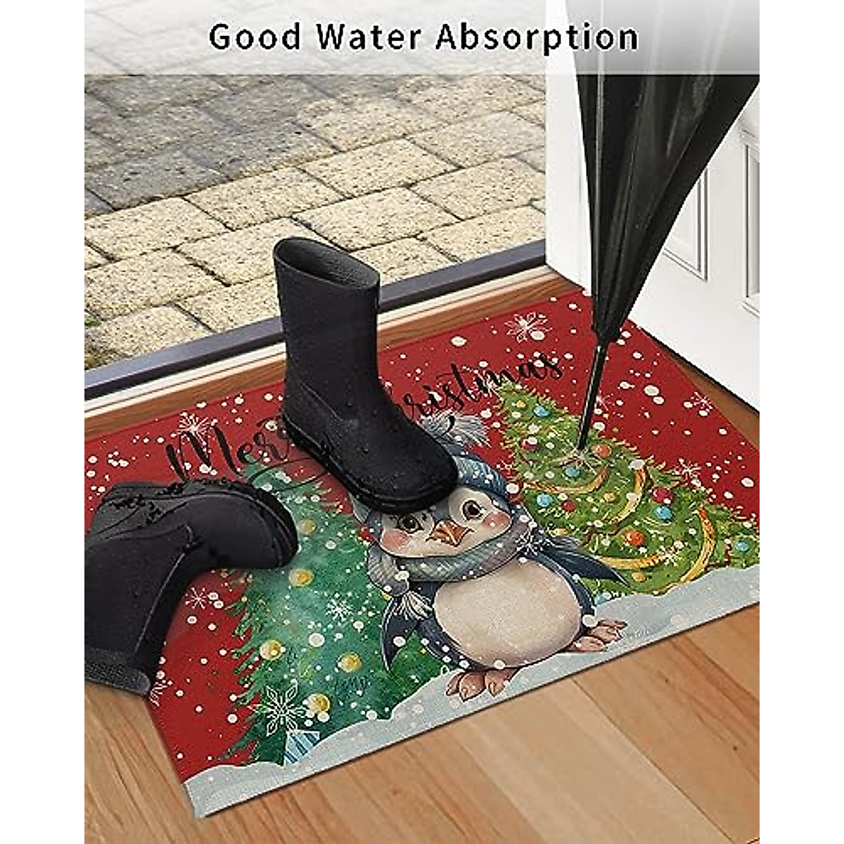 Kitchen Rug,Penguins Merry Christmas Tree Non Slip Doormat Absorbent Carpet,Winter Snowflakes Red Back Front Door Mat Washable Floor Mat for Bathroom Bedroom Entryway 20x32in