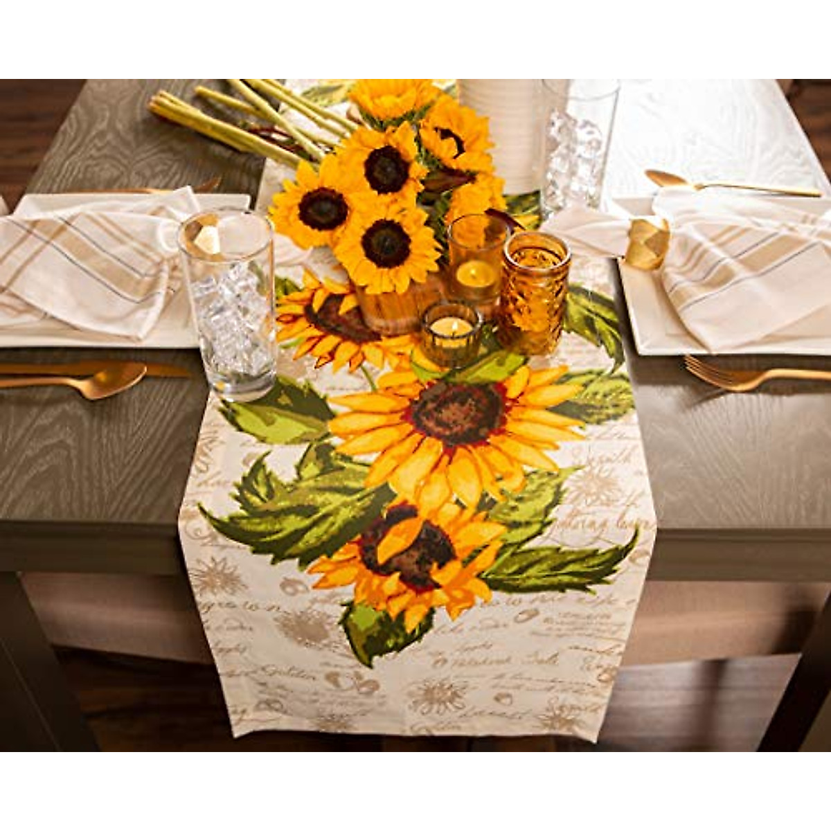 DII Table Top Décor Collection Spring & Summer Table Runner, 14x72, Rustic Sunflowers Print