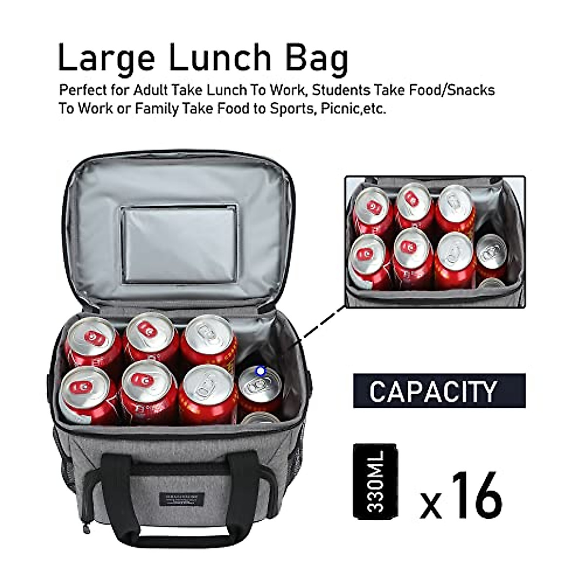 DENUONISS Insulated Lunch Bag for Women/Men Foldable Soft Lunch Cooler Bag Tote Adult Lunch Box Bag Frozen Lunch Bags Thermal Bento Bag for Work Travel Beach Camping,(12L) 16-Can, Gray