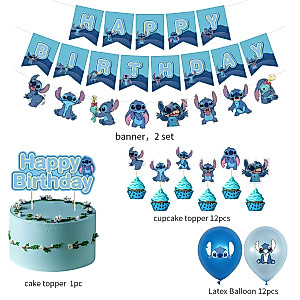 Lilo Birthday Party Decoration, Stitch Birthday Banner Cake Toppers Balloons,Stitch Theme Birthday Party Decorations
